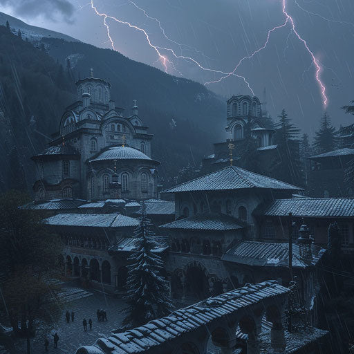 Rila Monastery in a storm, dramatic lightning – IMAGELLA