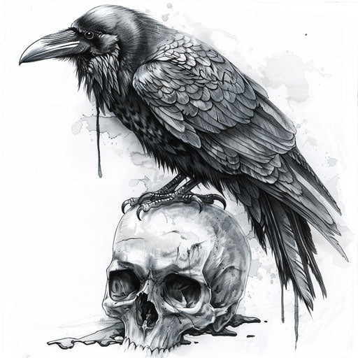 Gothic raven tattoo perched on skull in black and gray – IMAGELLA