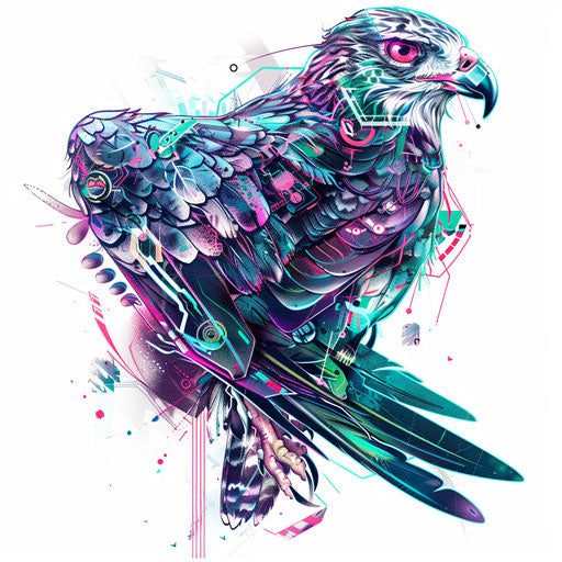 Futuristic cyberpunk hawk tattoo neon digital white backdrop – IMAGELLA