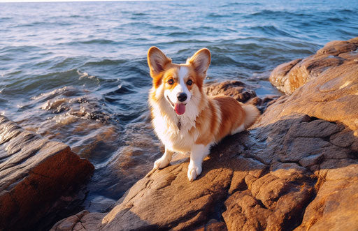 Corgi sitting on a rock, emotive body language style – IMAGELLA