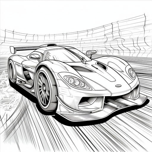 Race car coloring page, free-flowing lines, saturated graphic machines ...