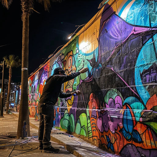 Bat graffiti artist, vibrant murals on city walls at night – IMAGELLA