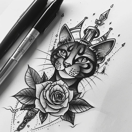 Sketch of Bastet tattoo with vintage rose and dagger – IMAGELLA