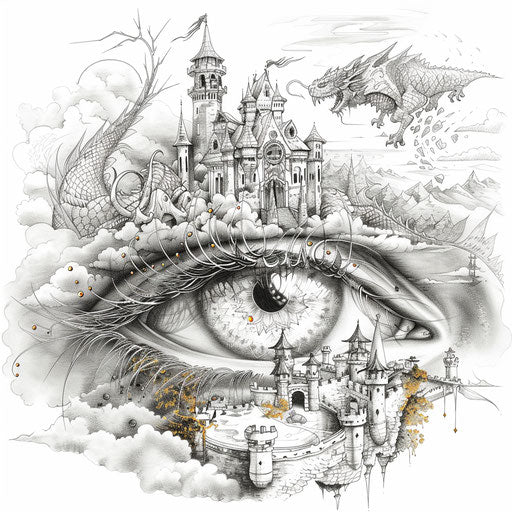 Mythical eye with dragon and castle designs, Gennady Spirin style ...
