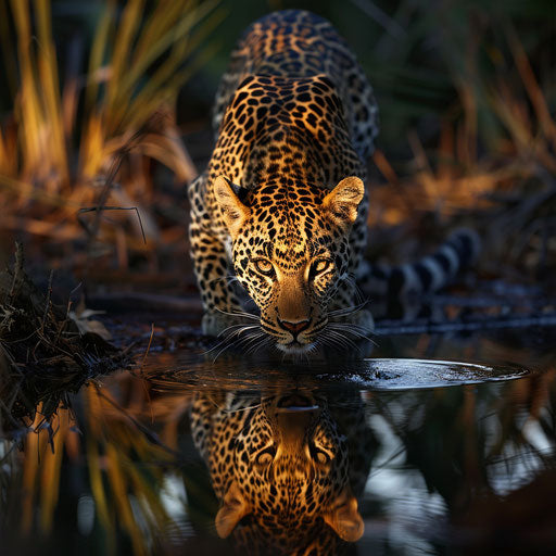 Leopard and its reflection in a calm pond at dusk – IMAGELLA