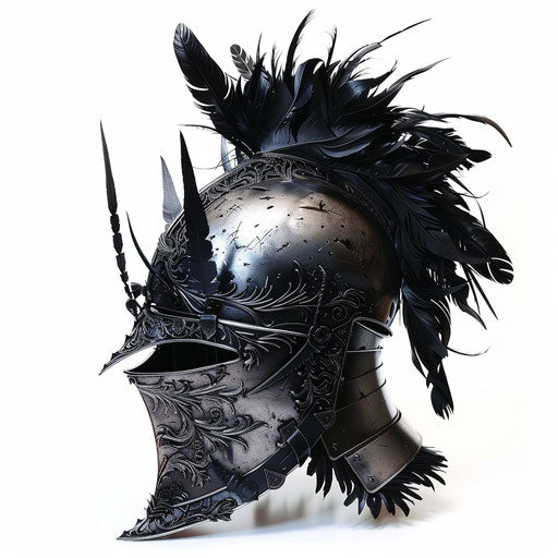 Gothic knight helmet with raven feathers and armor details on white ...