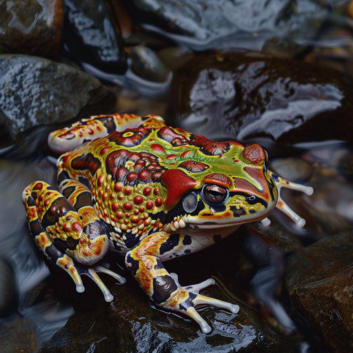 Vibrant pattern of a Western leopard toad against dark wet rocks by a ...