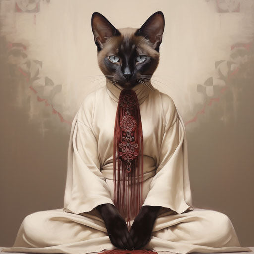 Siamese cat sitting on white background, dark maroon and light beige ...