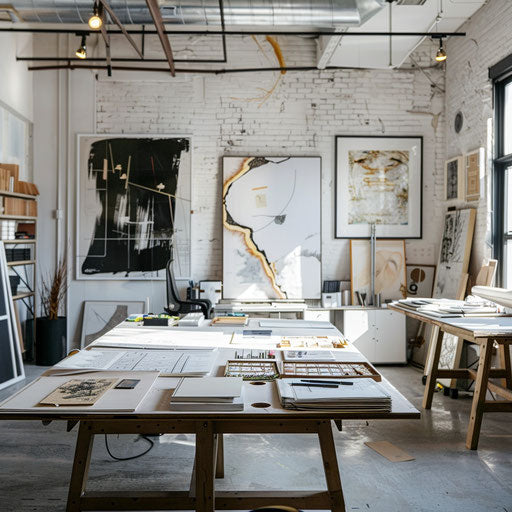 Chic design studio with drafting tables, creative materials, and ...