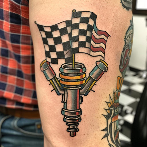 Flat vibrant tattoo sketch of a piston against colorful racing flags ...
