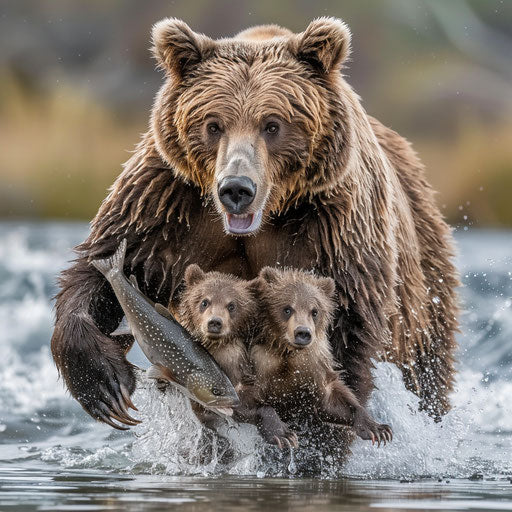 Grizzly bear teaching cubs to fish – IMAGELLA