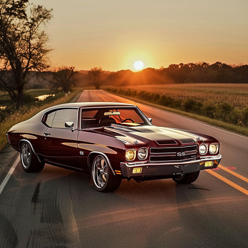 1977 Chevelle with side exhausts and ram air hood cruising country road ...
