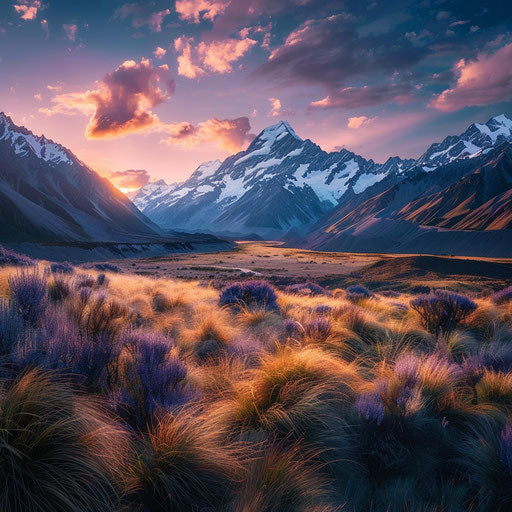 Mount Cook Range, snow-covered rugged terrain at dawn, in the style of ...