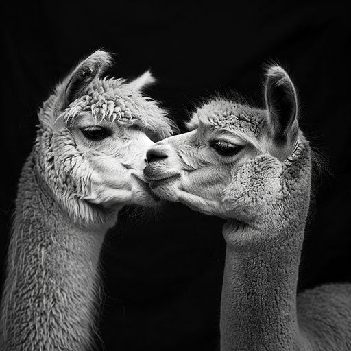 Intimate moment of an alpaca grooming its partner, a tender display of ...