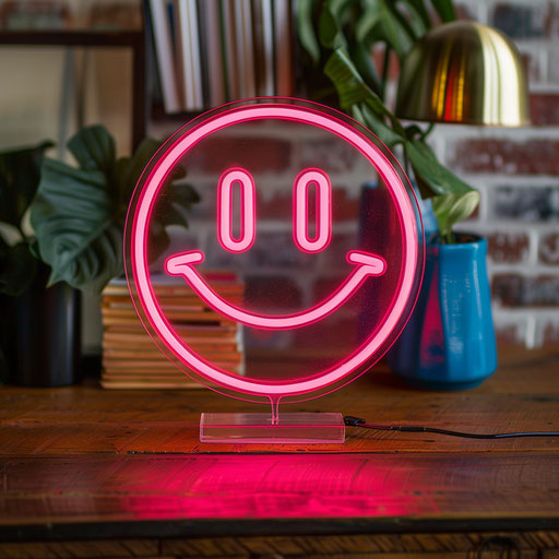 Neon pink smiley face sign with white outlines on desk – IMAGELLA