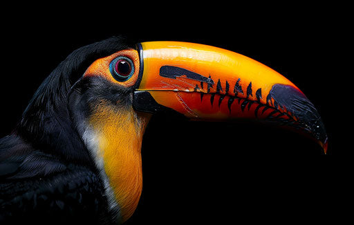 Closeup portrait of a toucan face and beak on black background – IMAGELLA