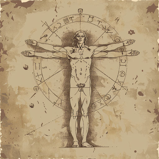 Vitruvian Man with ancient runes in earth tones – IMAGELLA