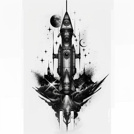 Gothic flat tattoo sketch of a dark, shadowy rocket at night, stark ...