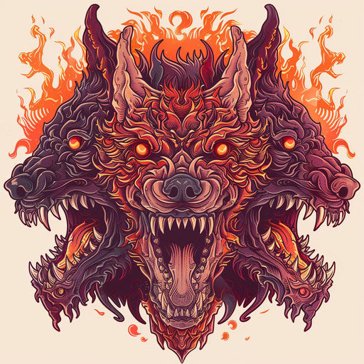 Intricate flat tattoo sketch of a Cerberus with three heads, fiery red ...