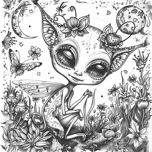 Whimsical alien with hidden fairies, Teagan White style, coloring page ...