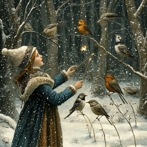 An elf leading a choir of singing birds in a snowy woodland – IMAGELLA