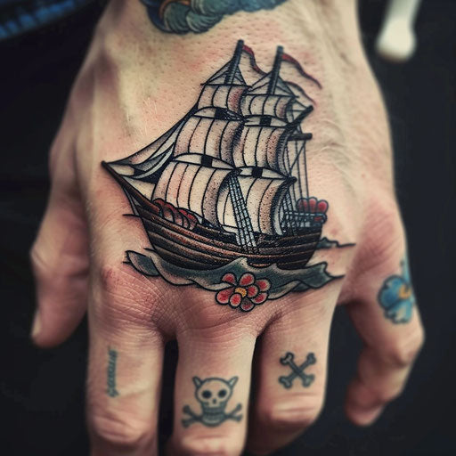 Knuckle tattoos of a pirate ship, in the style of Sailor Jerry – IMAGELLA