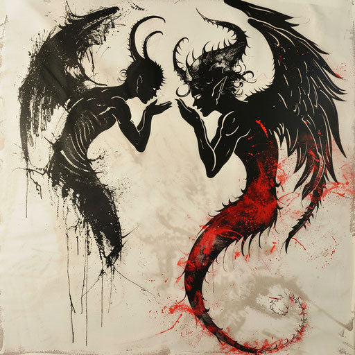 Intriguing flat tattoo sketch of a devil whispering into an angel's ear ...