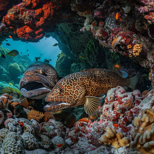 Grouper and moray eel under coral overhang – IMAGELLA