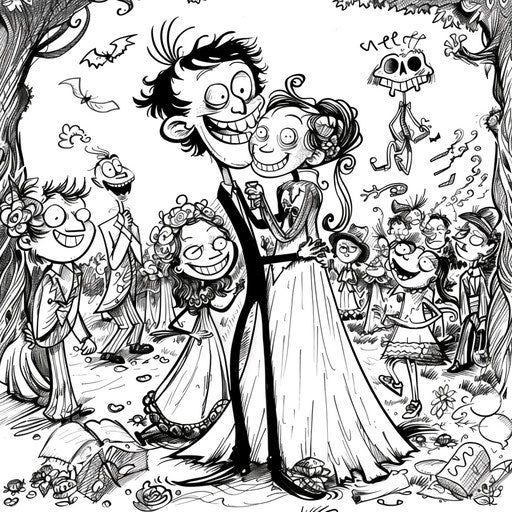 Humorous wedding scene with exaggerated characters in the style of Andy ...