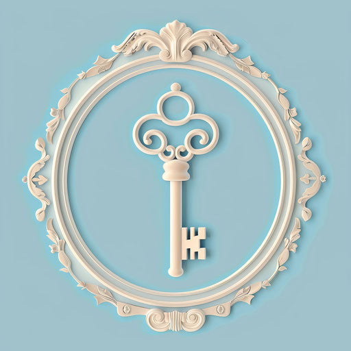 Beauty logo with vintage key emblem and pastel blue background – IMAGELLA