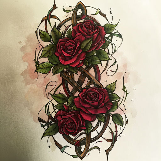 Romantic flat tattoo sketch of a rune intertwined with roses and vines ...