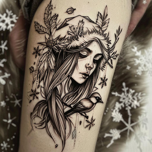 Soft and subtle flat tattoo sketch of Freya with gentle snowflakes and ...
