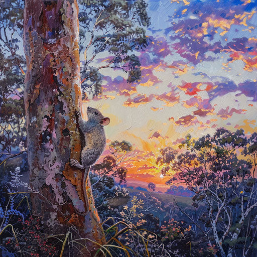 Antechinus climbing tree against colorful Australian bush sunset – IMAGELLA