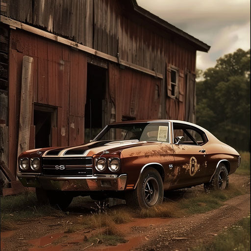 1977 Chevelle with patina finish and vintage decals, in front of old ...