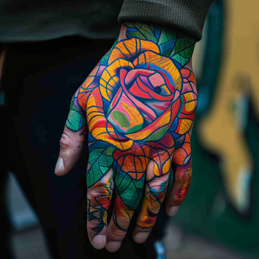Tatuaje de mano rosa en el estilo de Guy Aitchison con colores ...