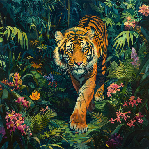 Sunda tiger amidst exotic flowers and ferns – IMAGELLA
