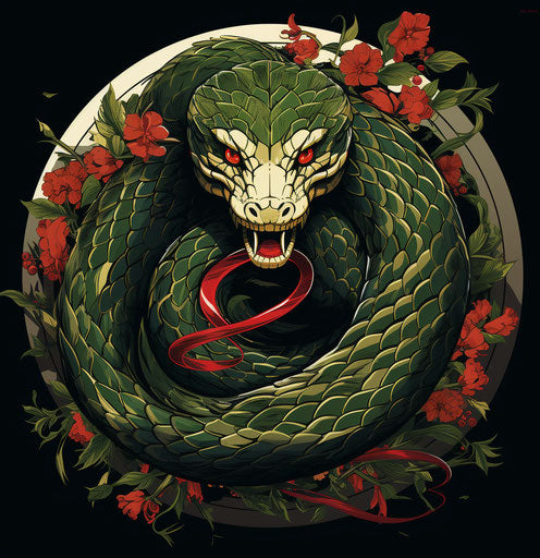 Traditional Asian cobra in dark green and light crimson style – IMAGELLA