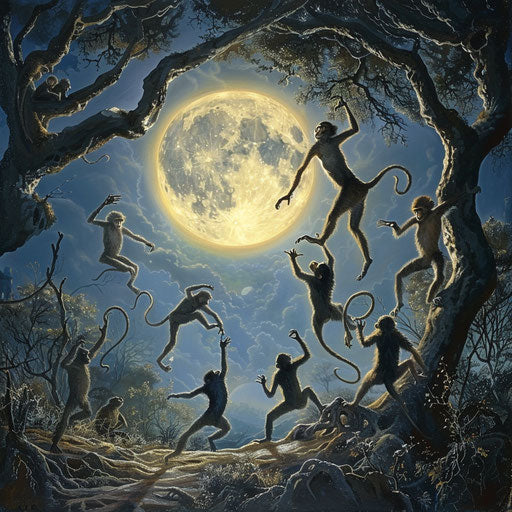 Monkeys dancing under the full moon in a mystical ritual – IMAGELLA