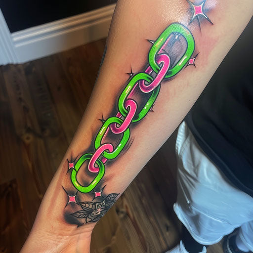 Glowing neon chain tattoo in bright green and pink on white – IMAGELLA