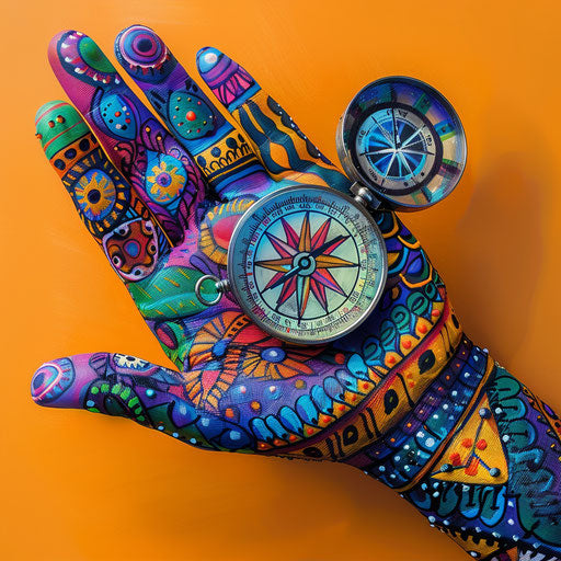 Painted hand with henna designs holding a compass – IMAGELLA