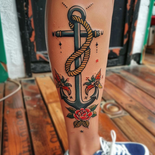 Leg tattoos for women in the style of Sailor Jerry with an anchor and ...