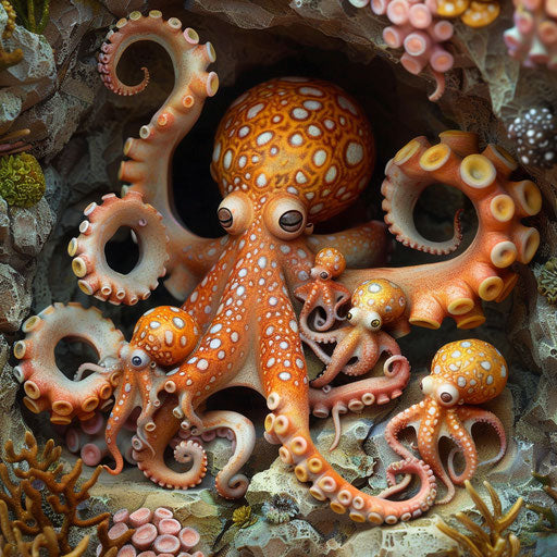 Heartwarming scene of a family of octopuses nestled in coral – IMAGELLA