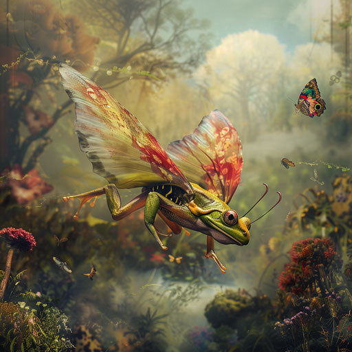 Winged frog leaping through a fantastical landscape – IMAGELLA