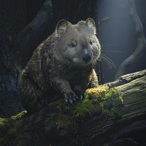 Wombat on a mossy log with dramatic lighting – IMAGELLA