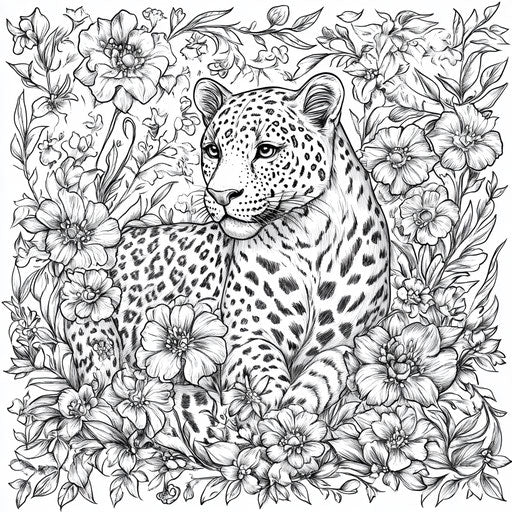 A whimsical leopard surrounded by floral designs, in the style of ...