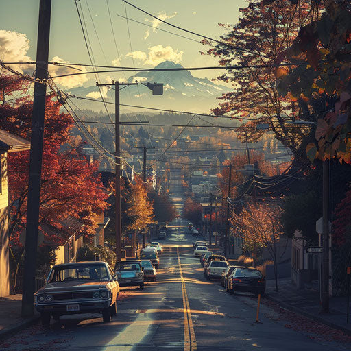 Composition of streets in Portland Oregon, mount hood in the distance ...
