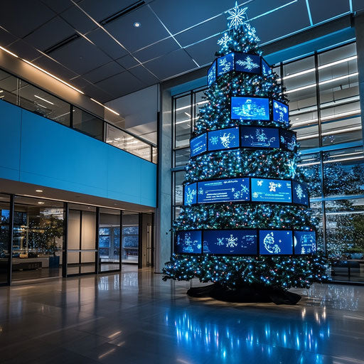 High-tech Christmas tree with digital screens and interactive orna ...