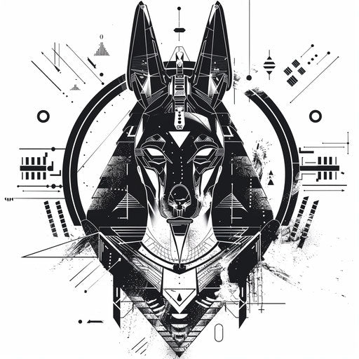 Futuristic Anubis stencil design with cybernetic elements, on a white ...