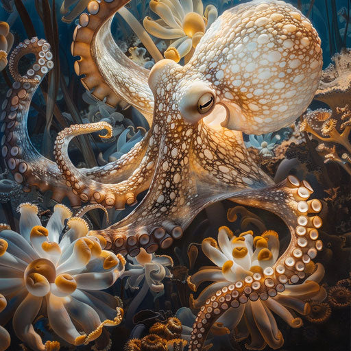 An octopus dancing among sea anemones, a delicate ballet between ...