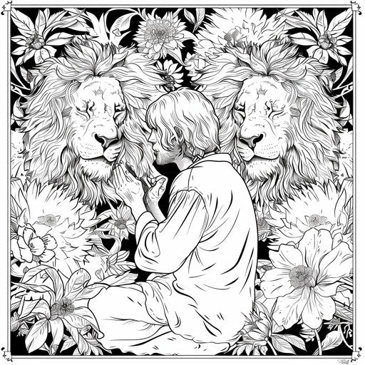 Daniel orando entre leones con decoraciones florales – IMAGELLA